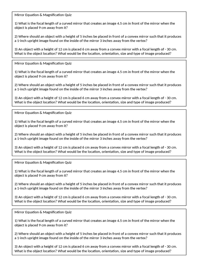 Mirror Equation Quiz (Removal) | PDF | Glass Engineering And Science ...