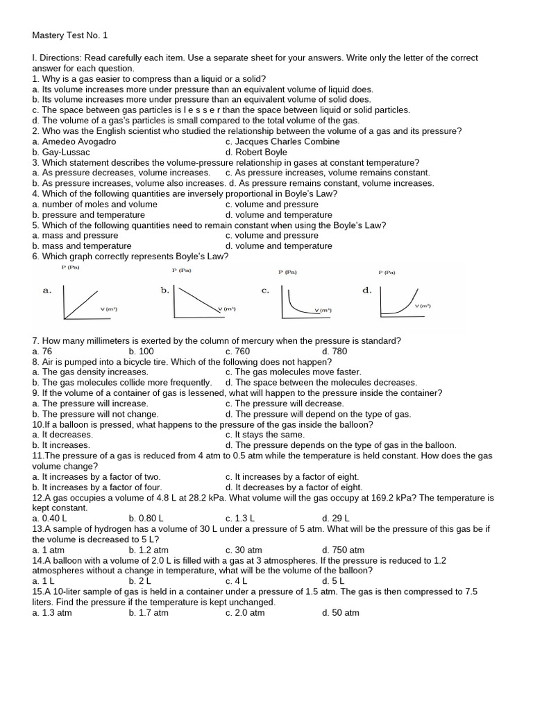 Boyle's and Charles' Law Mastery Test | PDF | Gases | Pressure