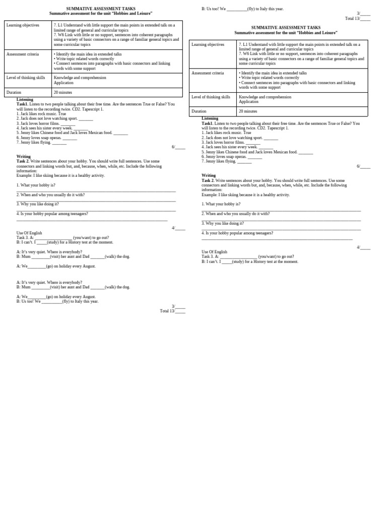 SUMMATIVE ASSESSMENT TASKS 1 Module Hobbies and Leisure | PDF | Reading Comprehension | Behavior ...