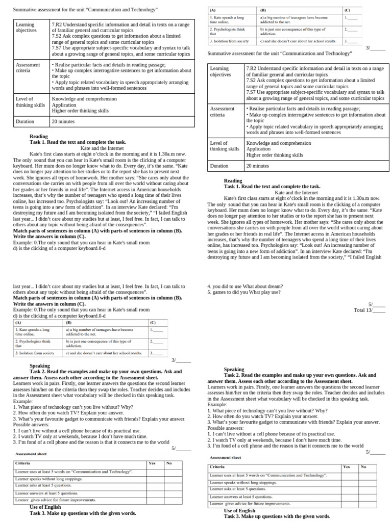 Unit 2: Communication & Technology Assessment | PDF | Reading ...