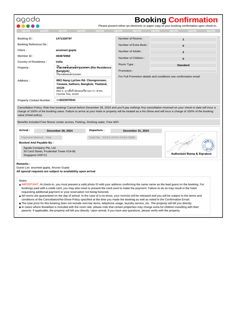 Agoda Booking Confirmation for Rio Residence | PDF | Credit Card