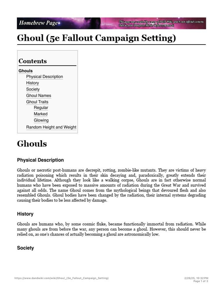 Ghoul (5e Fallout Campaign Setting) - Wiki | PDF