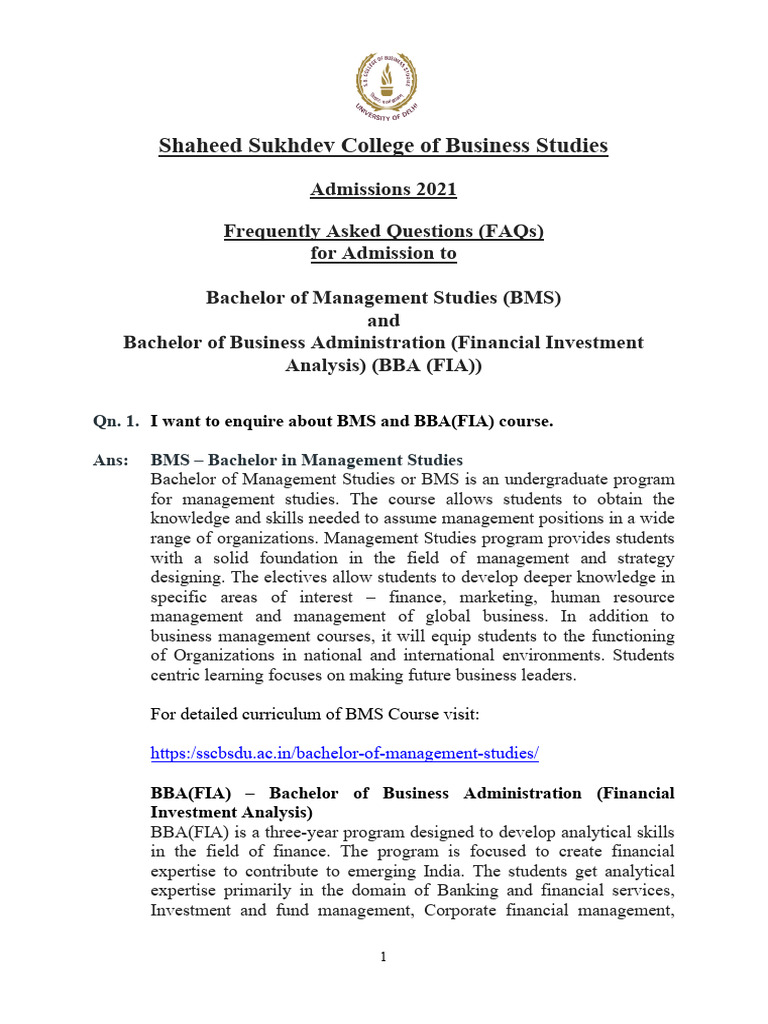 SSCBS BMS & BBA(FIA) Admission FAQs | PDF | University And College ...