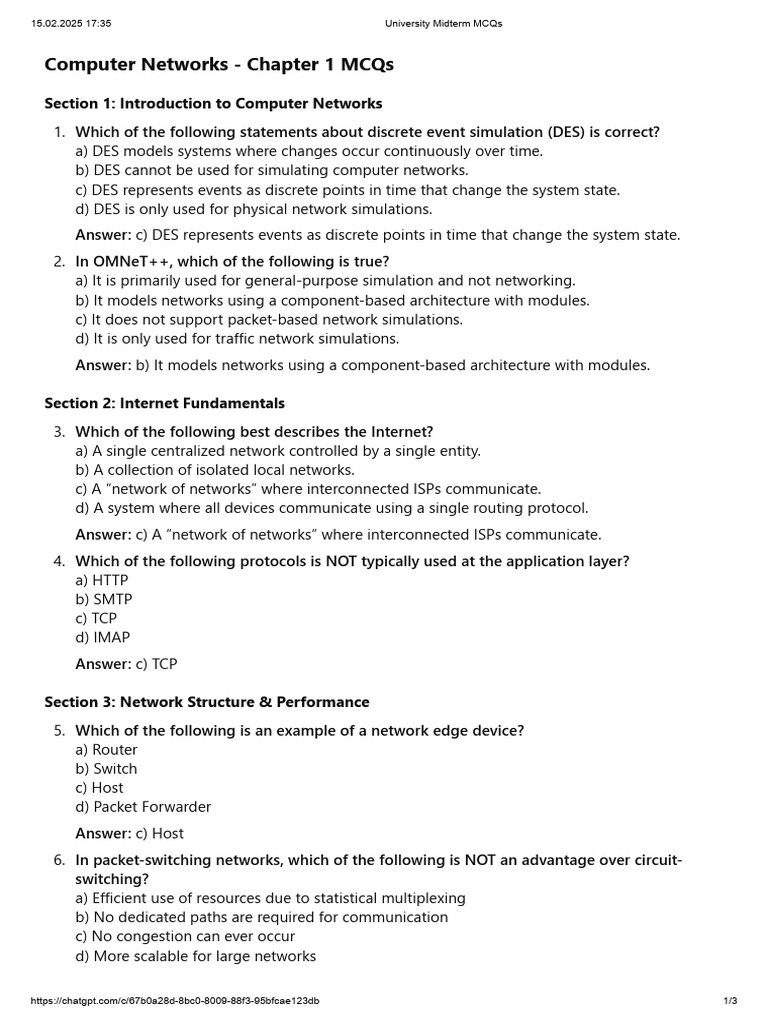 University Midterm MCQs | PDF | Computer Network | Internet Protocol Suite