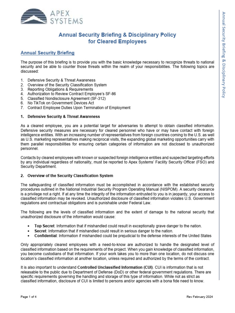 Apex Annual Security Briefing | PDF | Classified Information In The ...