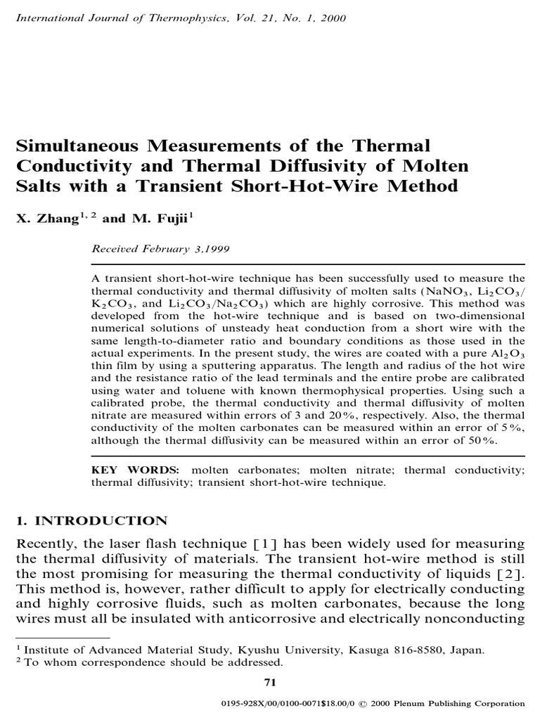 Simultaneous Measurements of The Thermal Conductivity and Thermal Diffusivity of Molten Salts ...