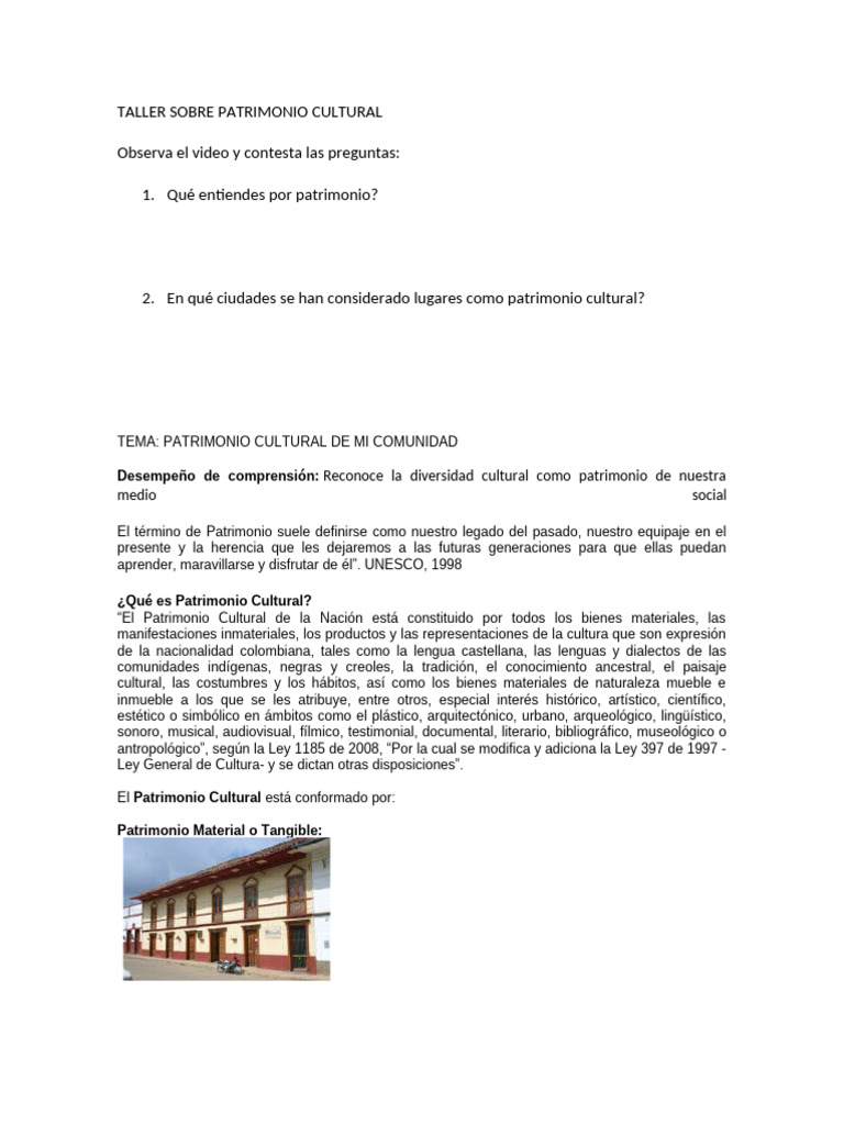 Taller: Patrimonio Cultural y Natural | PDF | Patrimonio cultural | Bienes (Ley)