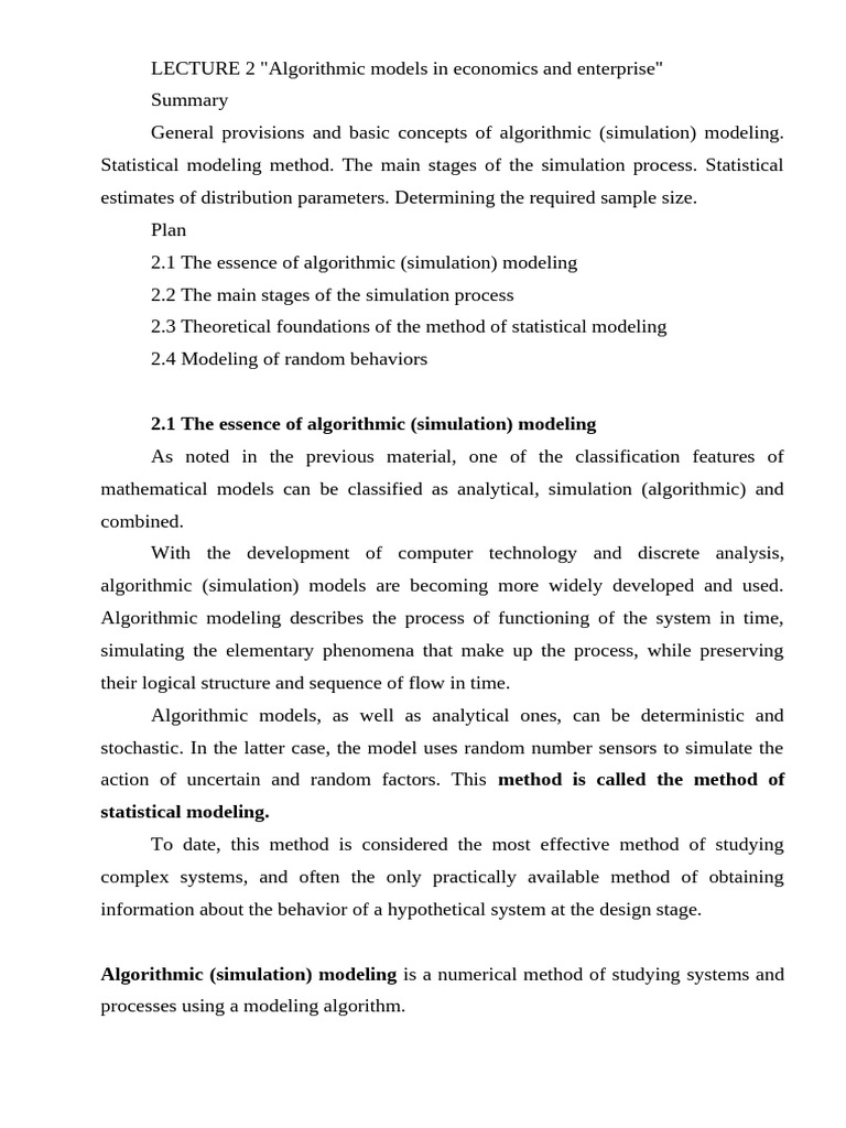 LECTURE 2. Algorithmic Models in Economics and Enterprise | PDF | Conceptual Model | Simulation