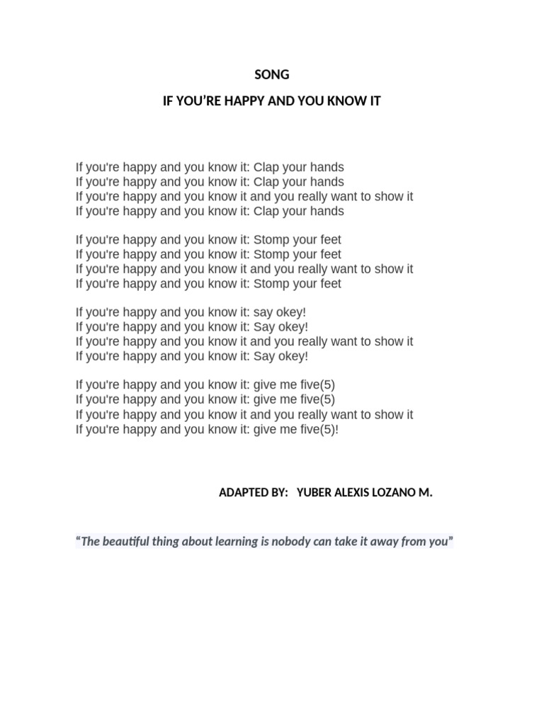 "If You're Happy and You Know It Lyrics" | PDF