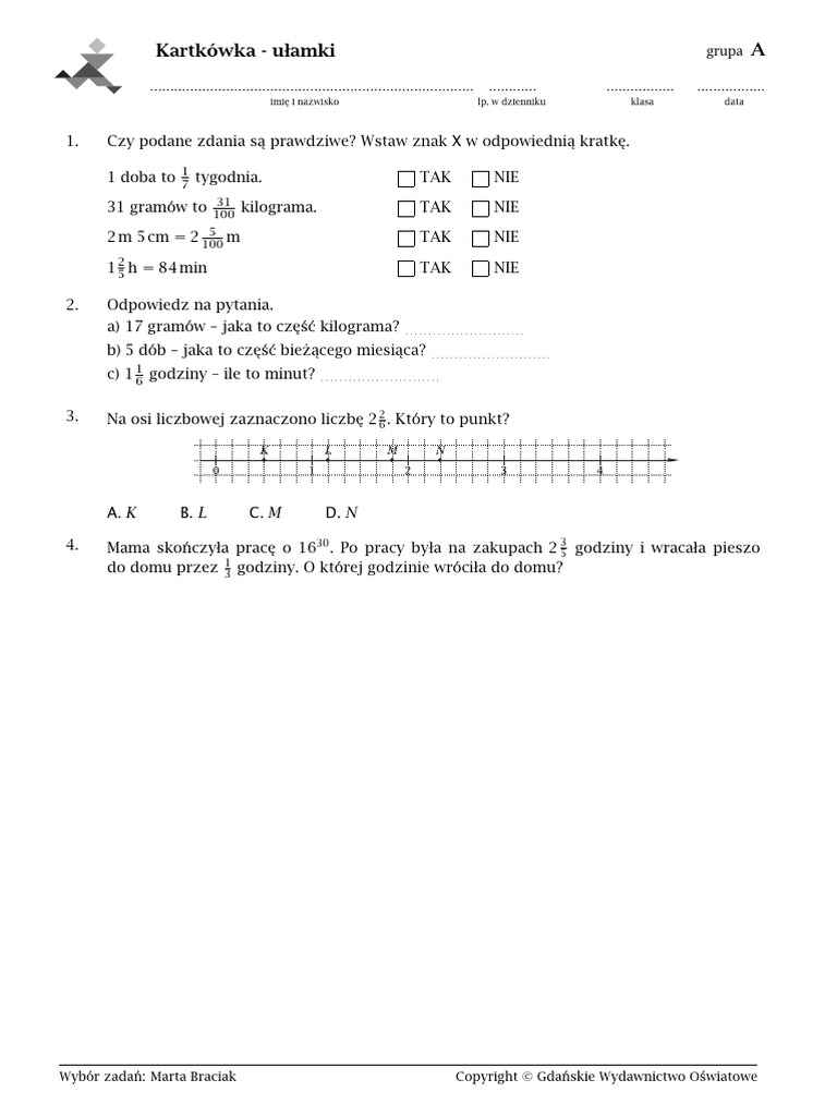 Kartkówka - Ułamki Klasa 4 Matematyka | PDF