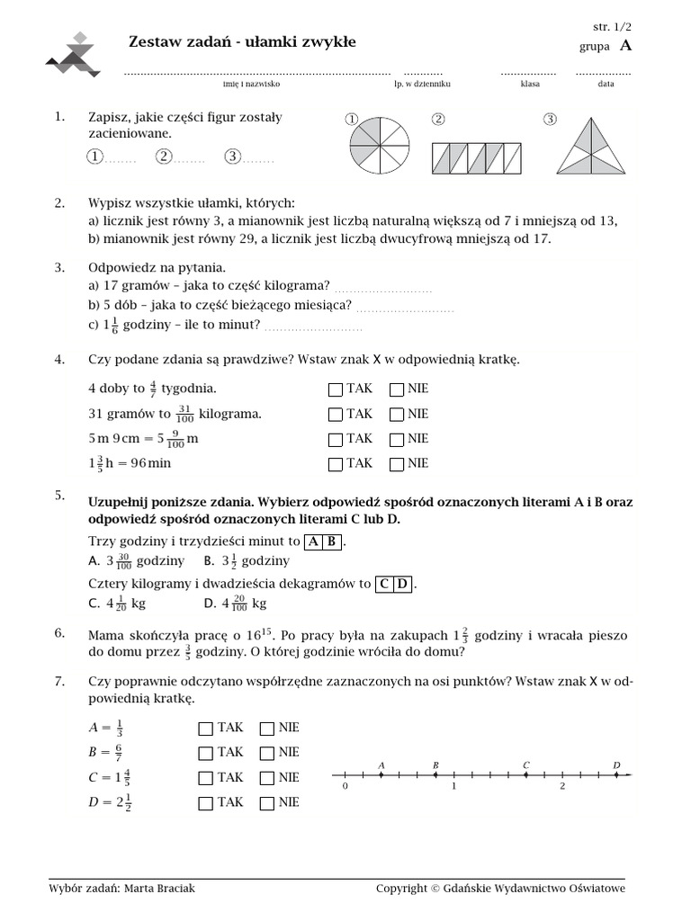 Zestaw Zadań - Ułamki Zwykłe Klasa 4 Matematyka | PDF