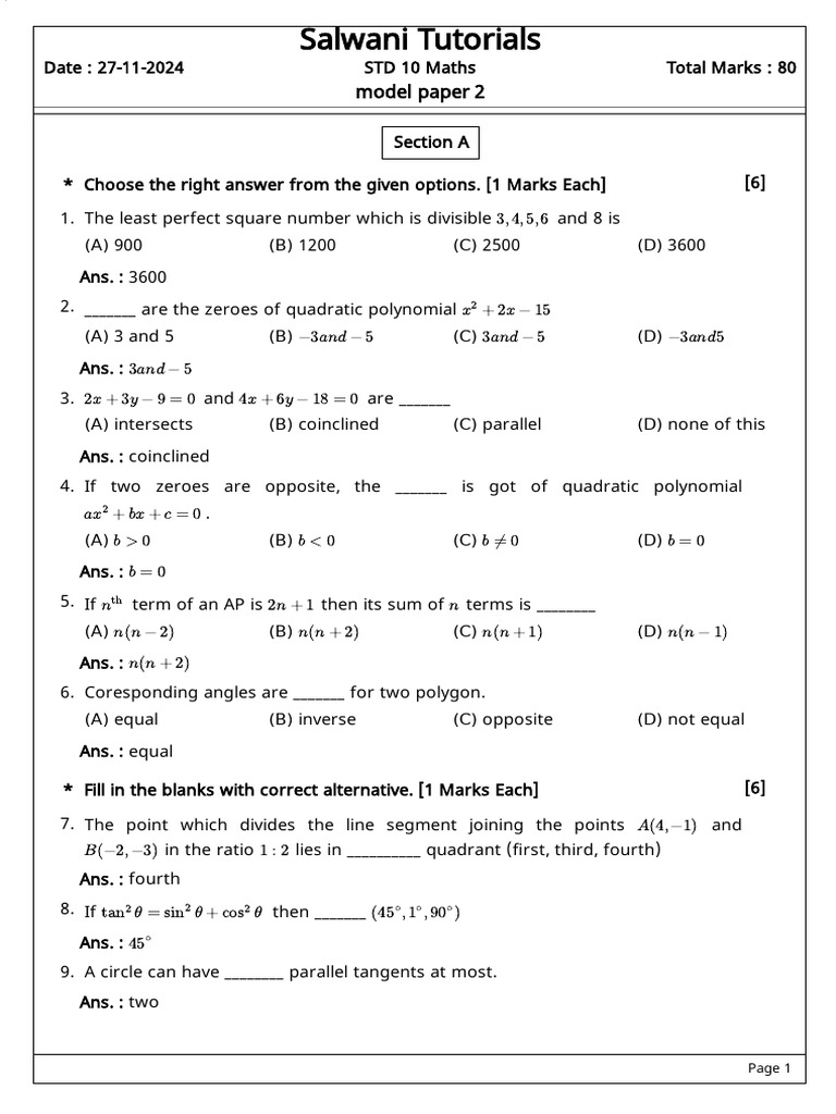 Maths Model Paper for Class 10 | PDF | Sphere | Circle