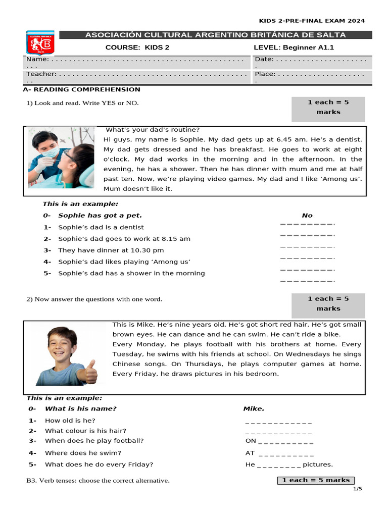 Kids 2 Pre-Final Exam 2024 Guide | PDF | Linguistics