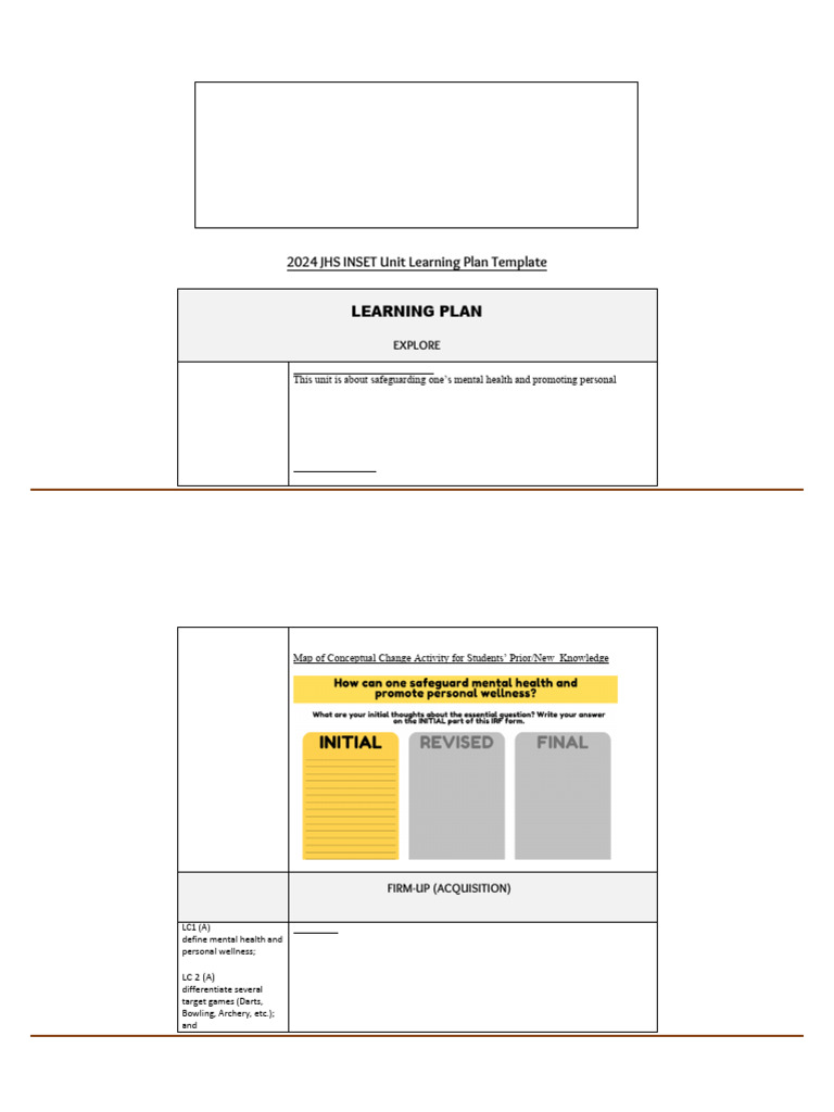 HO45-S8 - 2024 - PEH - Learning Plan Sample (Gr7 Qtr1) | PDF | Self Esteem | Body Image