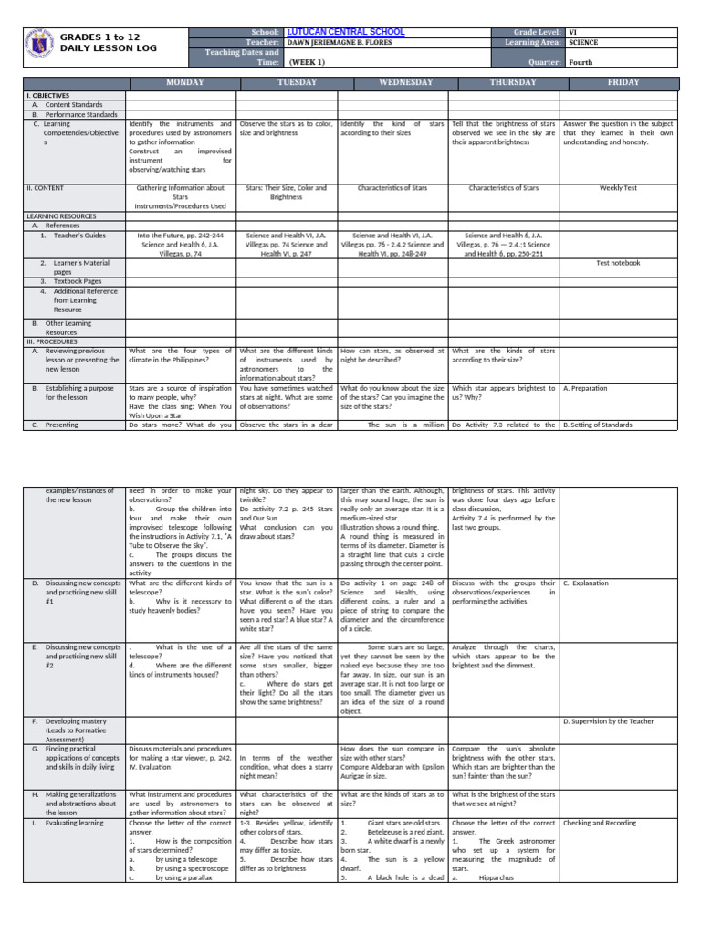 DLL - Science 6 - Q4 - W1 | PDF | Stars | Apparent Magnitude