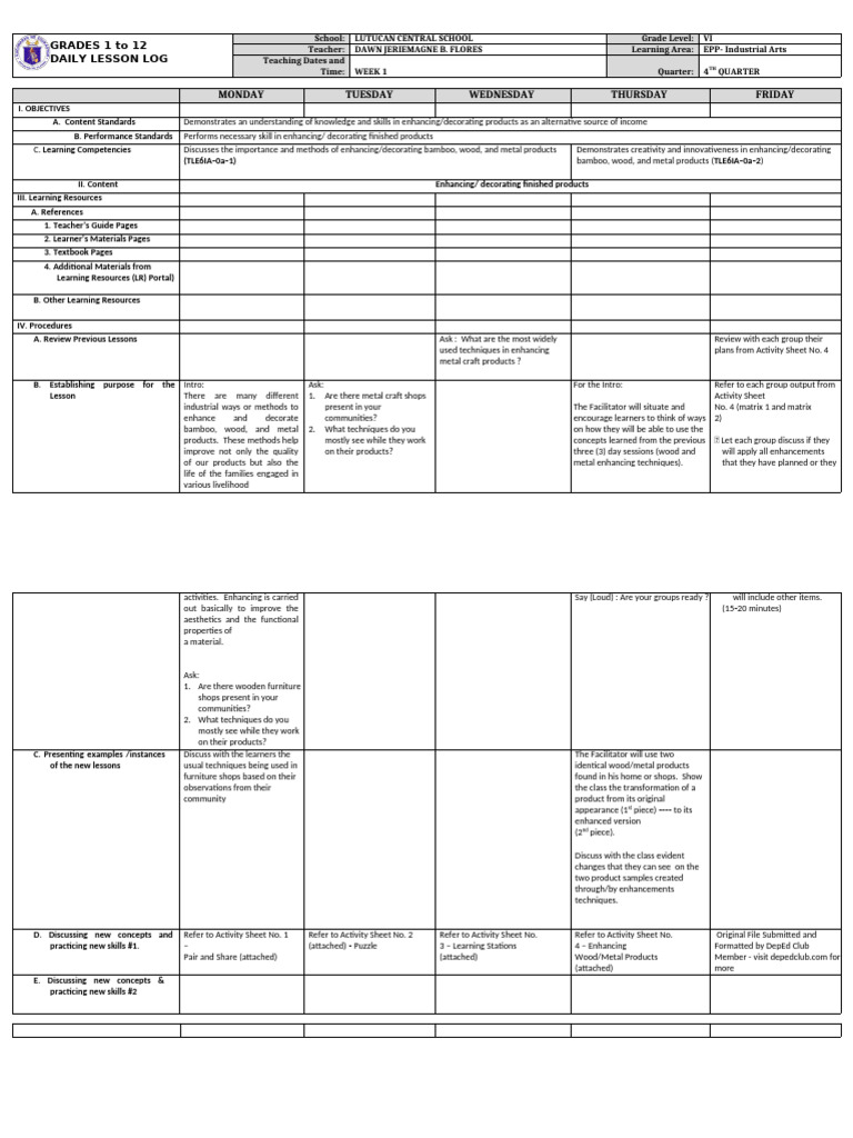 Grade 6 DLL ESP Q4 Week 1 | PDF | Learning | Crafts