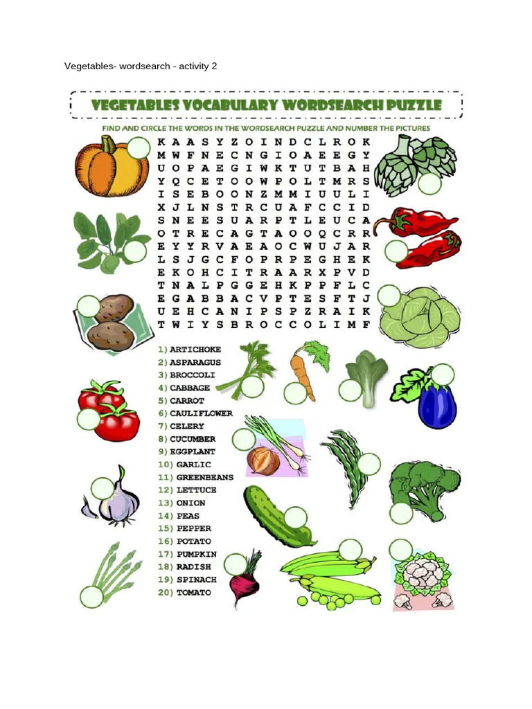 Vegetables - Wordsearch - Activity 2, Miss Sol | PDF