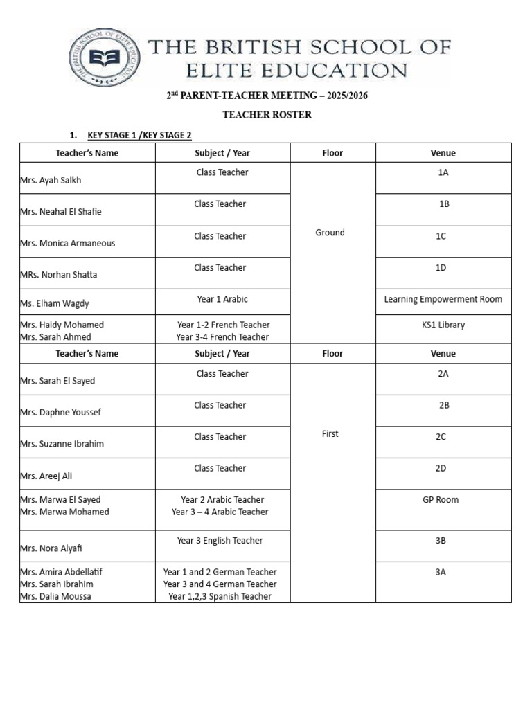 Teacher Roster - KS1-KS2-KS3 2025-2026 | PDF