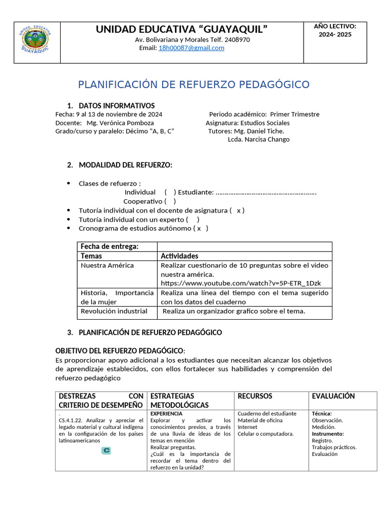 PLANIFICACIÓN DE REFUERZO PEDAGÓGICO 10mo | PDF | Maestros | Enseñando