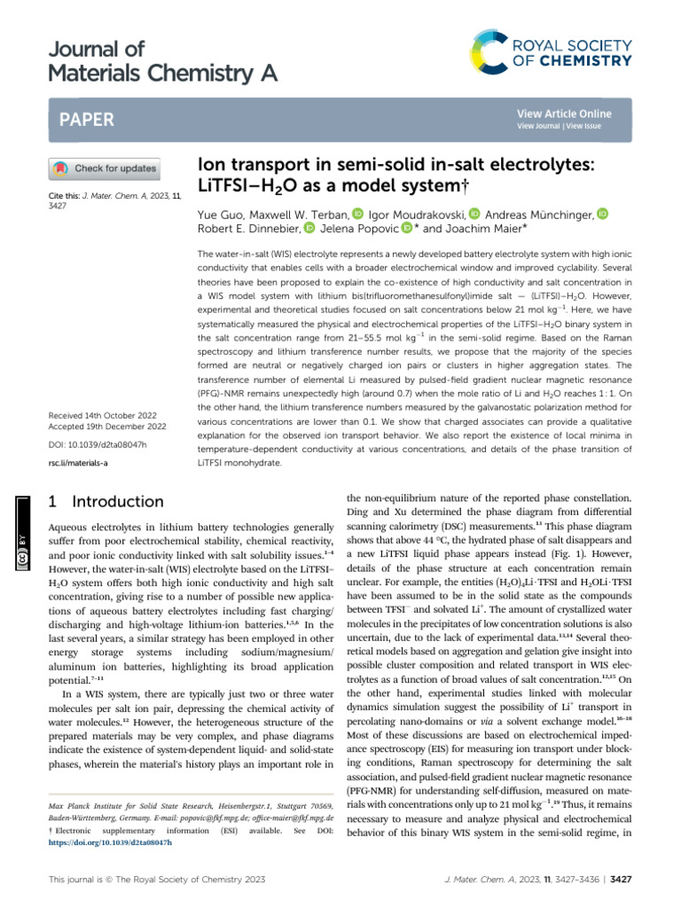 2022 - Ion Transport in Semi-Solid In-Salt Electrolytes - LiTFSI-H2O As ...