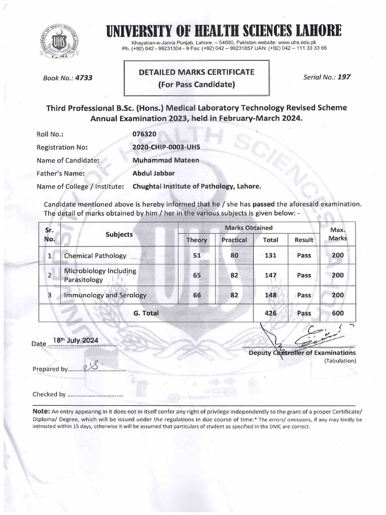 Muhammad Mateen Transcripts PDF | PDF