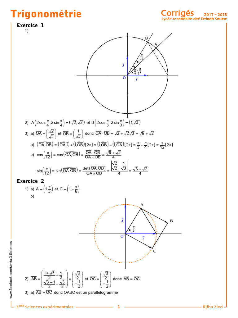 Corrigés de Trigonométrie 3ème Sciences | PDF | Notation (mathématiques ...