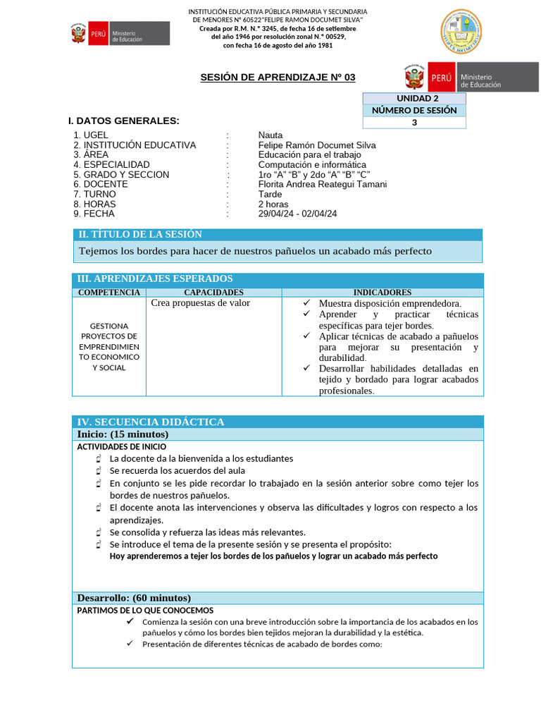 Sesion de Aprendizaje 3 EPT Unidad 2 | PDF | Maestros | Aprendizaje