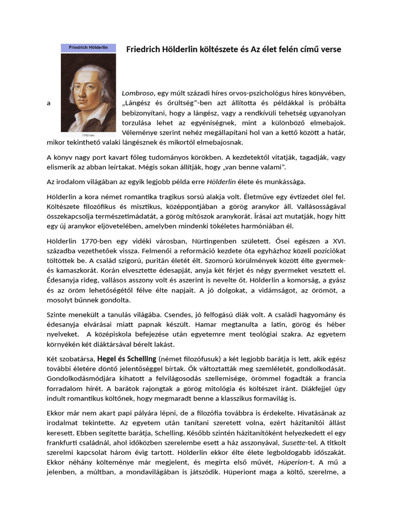 Friedrich Hölderlin Költészete És Az Élet Felén Című Verse | PDF
