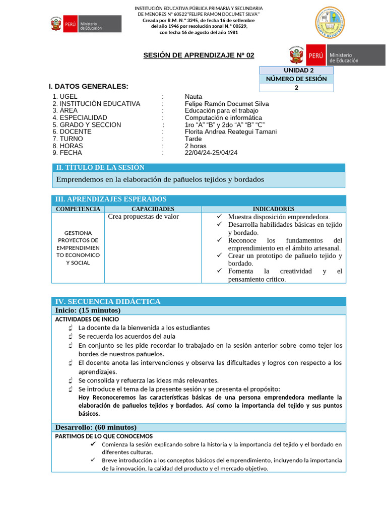 Sesion de Aprendizaje 2 EPT unidad 2 | PDF | Iniciativa empresarial | Aprendizaje