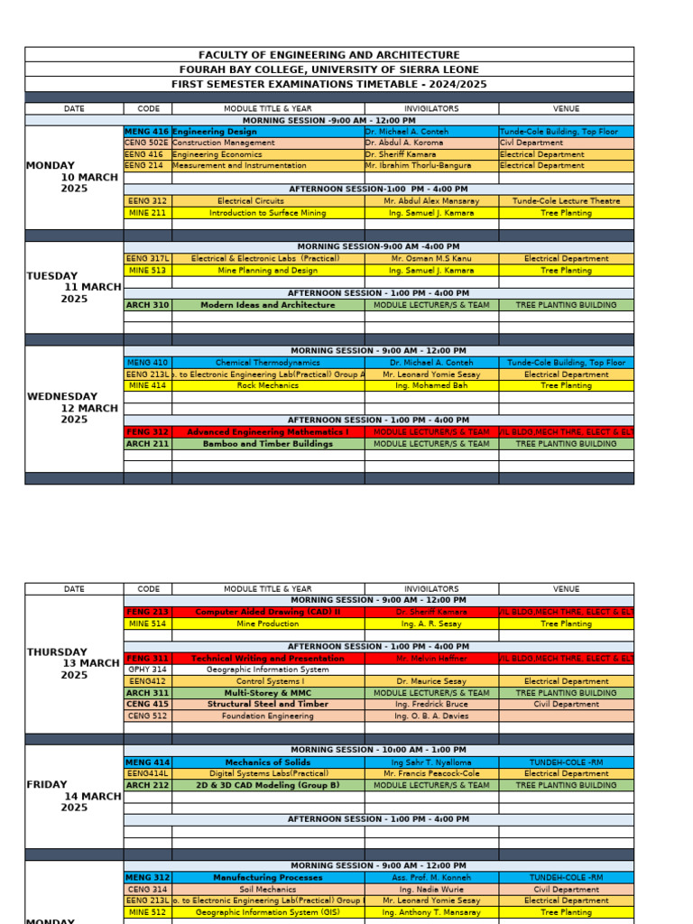First Semester Examination Timetable 2024-2025 | PDF | Engineering | Applied And ...