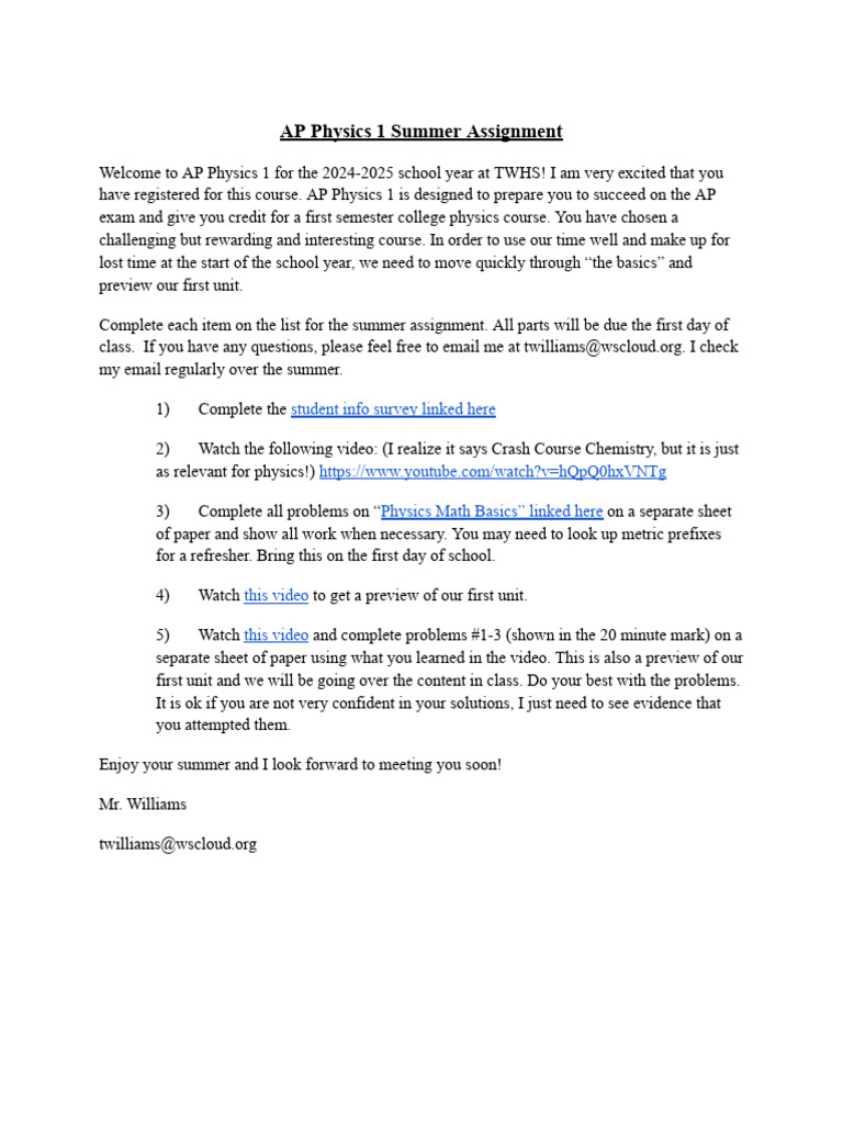 AP Physics 1 Summer Assignment 24-25 | PDF