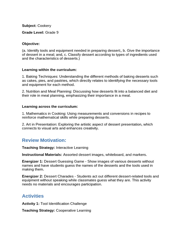 lesson_plan (2) | PDF | Desserts | Learning