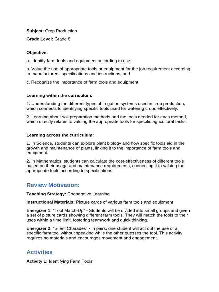 lesson_plan (3) | PDF | Agriculture | Learning
