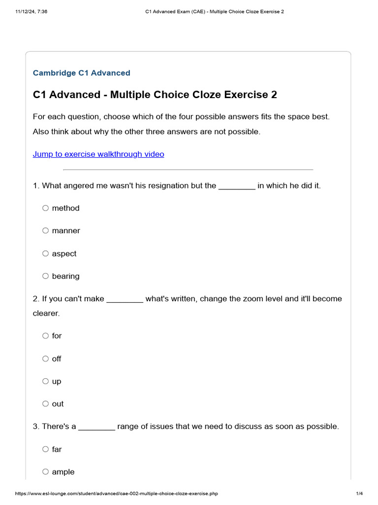 C1 Advanced Multiple Choice Cloze Test | PDF