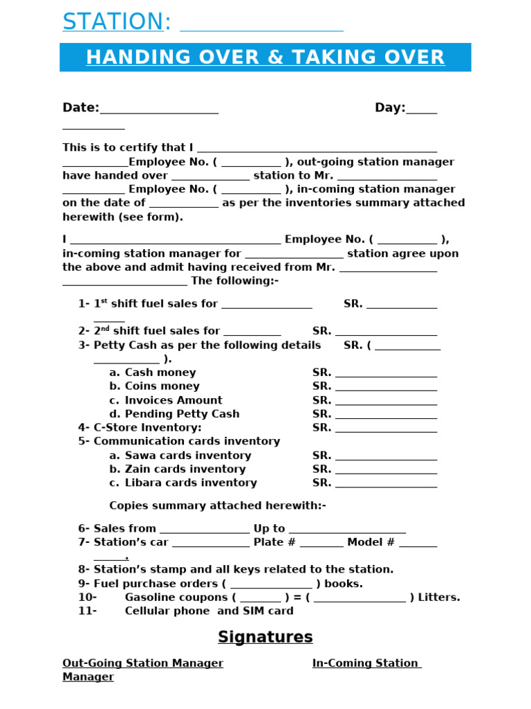 Station Handover Certificate Form | PDF