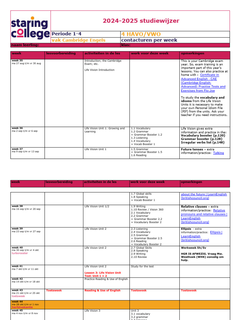 Studiewijzer 2024-2025 Cambridge English 4H-V | PDF | Grammar | Linguistics