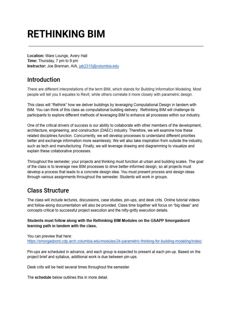 Rethinking Bim Syllabus - Fa 2024 | PDF | Building Information Modeling ...