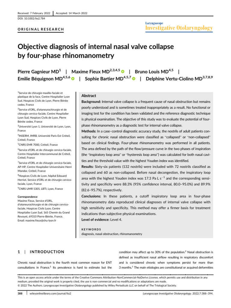 Objective Diagnosis of Internal Nasal Valve Collapse | PDF