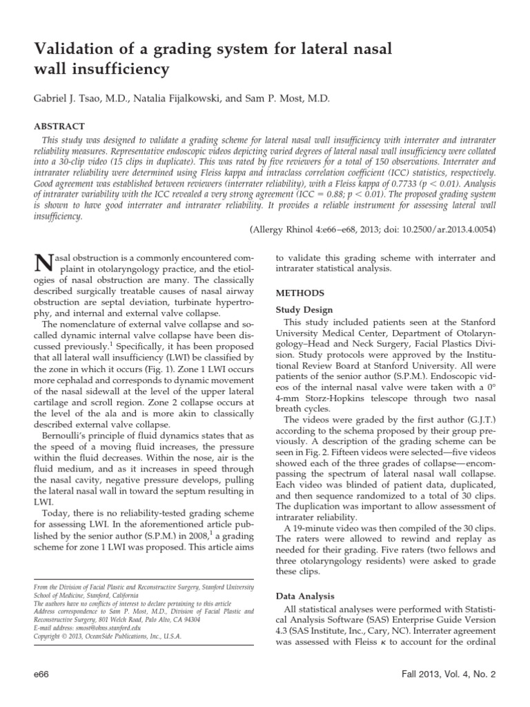 Validation of A Grading System For Lateral Nasal Wall Insufficiency ...