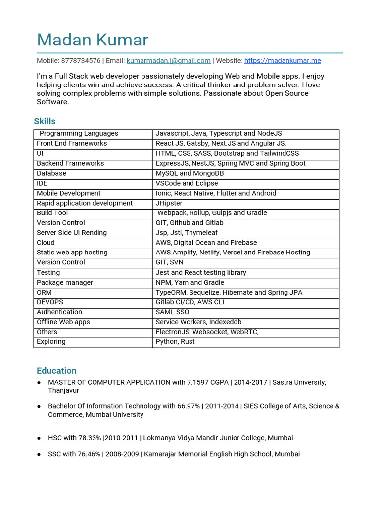 MadanKumar Resume | PDF | Mobile App | Information Technology
