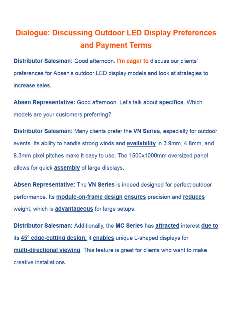 Dialogue - Discussing Outdoor LED Display Preferences and Payment Terms ...