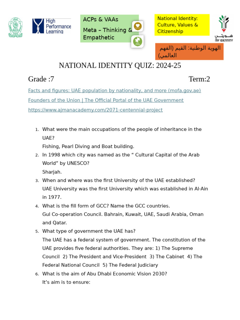 UAE National Identity Quiz for Grade 7 | PDF | United Arab Emirates ...