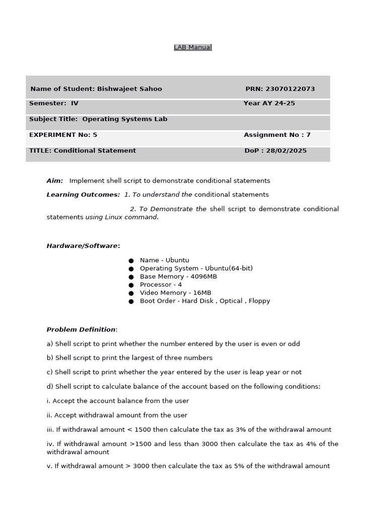 Shell Script for Conditional Statements | PDF | Operating System ...
