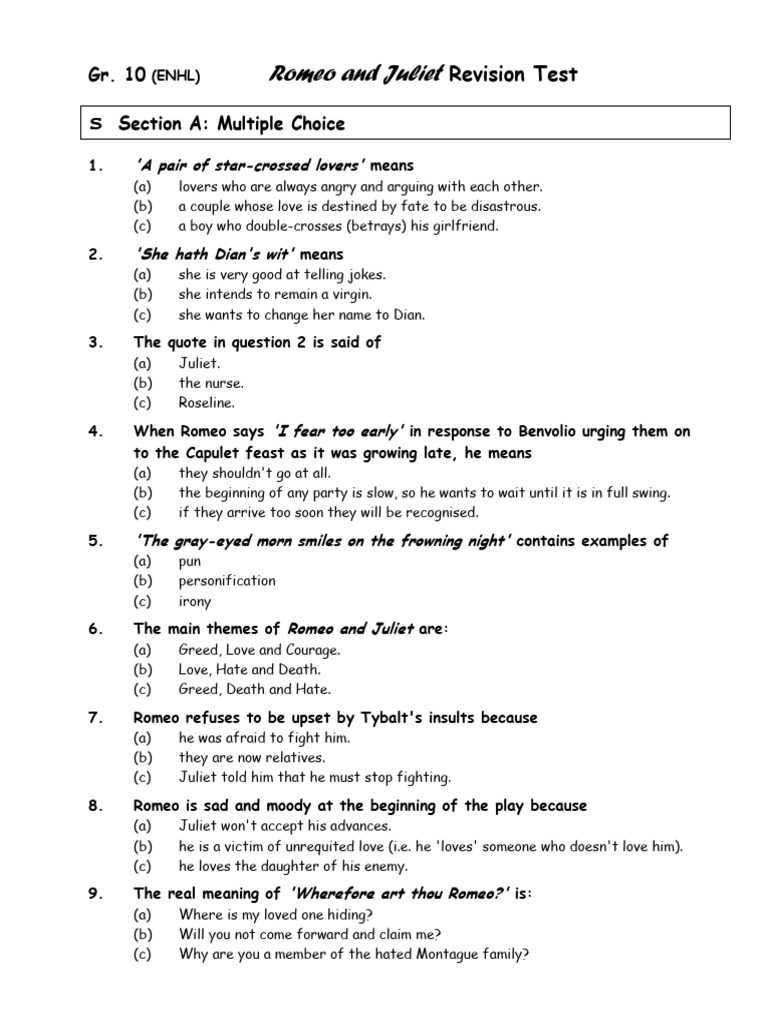 Romeo and Juliet Revision Test | PDF | Characters In Romeo And Juliet ...