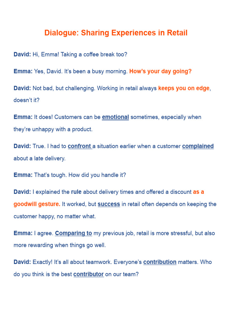 Dialogue - Sharing Experiences in Retail | PDF | Phrase | Adjective