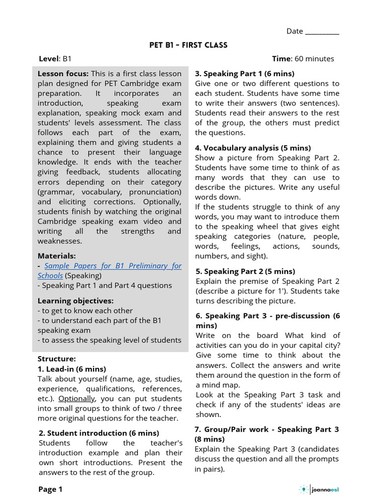 b1 First Class Speaking Cambridge Prep Lesson Plan | PDF | Vocabulary ...