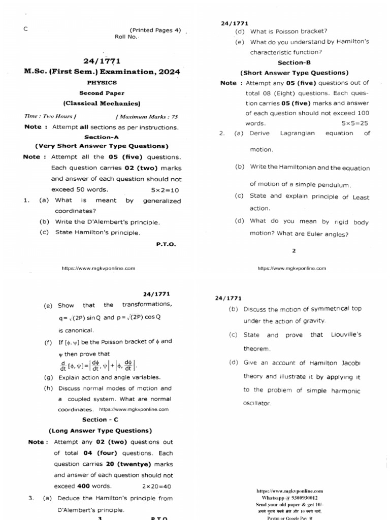 MSC 1 Sem Classical Mechanics 1771 2024 | PDF
