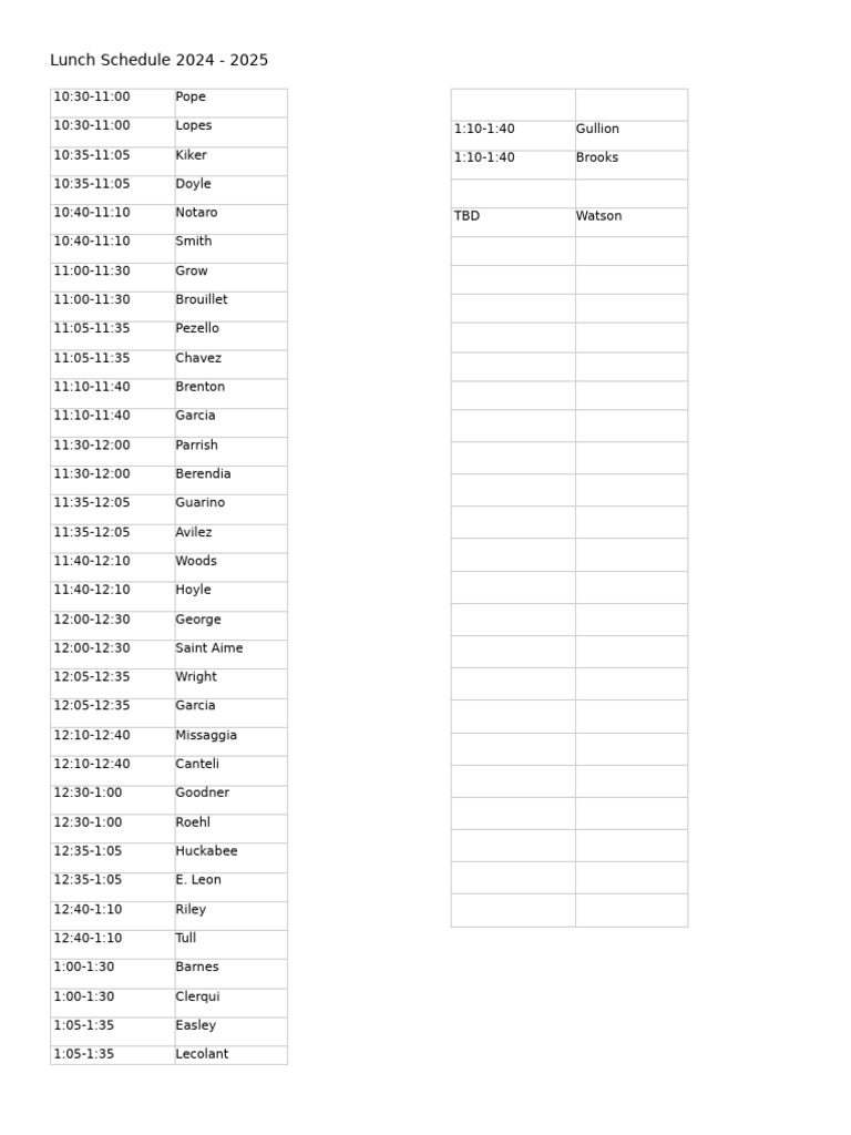 Lunch Schedule 2024 - 2025 | PDF