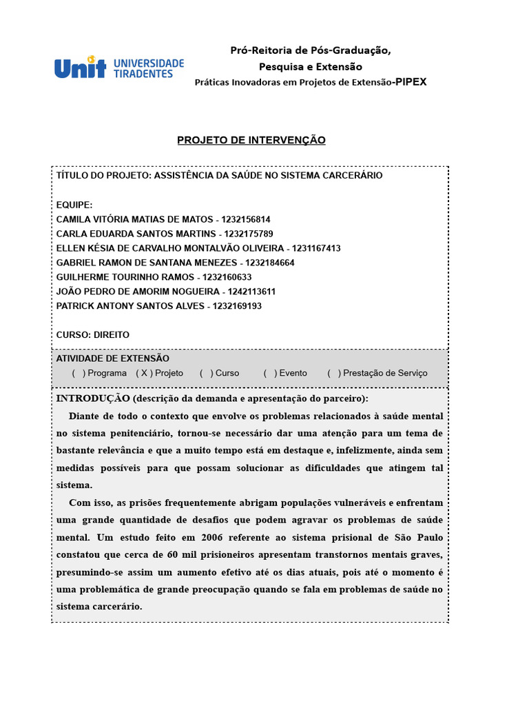 Projeto de Intervenção - PIPEX V | PDF | Saúde mental | Psicologia