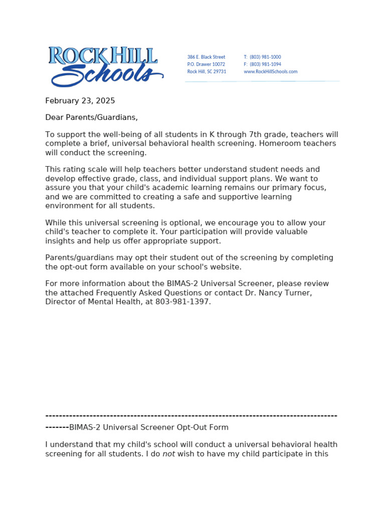BIMAS-2 Behavioral Health Screening Notice | PDF | Teachers ...